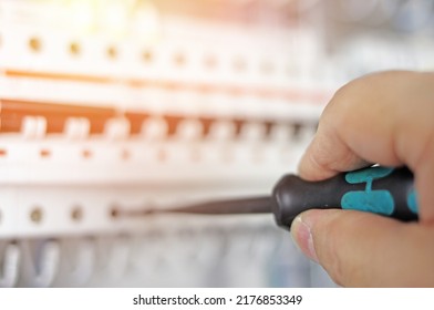 Electrical Engineer Installs Modules Control Panel Stock Photo ...