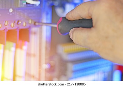 Electrical Engineer Installs Modules Control Panel Stock Photo ...