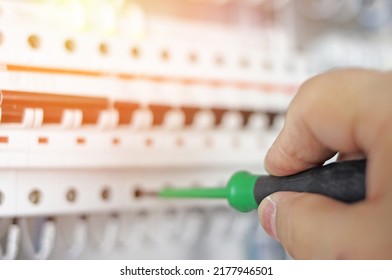 Electrical Engineer Installs Modules Control Panel Stock Photo ...