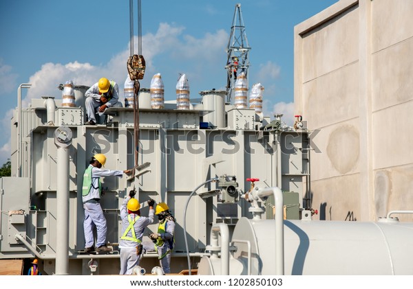 Electrical Engineering Teamwork Installation Transformer Power Stock ...