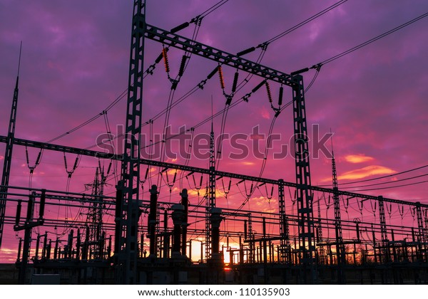 Electrical Substation On Sunset Background Stock Photo 110135903 ...