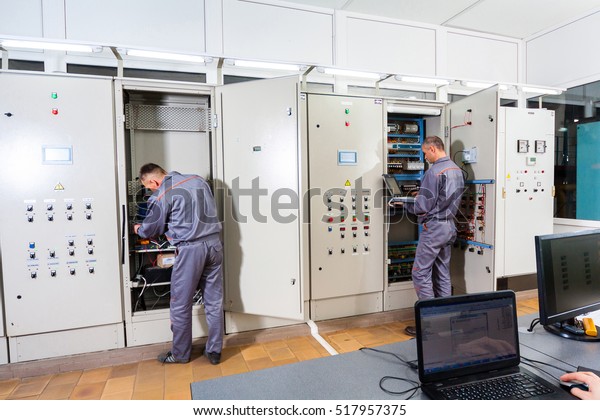 Electrician Builder Engineer Screwing Testing Equipment Stock Photo ...