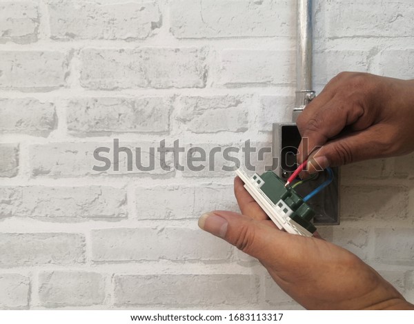 Electrician Installing Wall Socket Electrical System Stock Photo (Edit ...