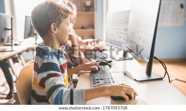 Elementary School Classroom Smart Boy Uses Stock Photo 1787093708 ...