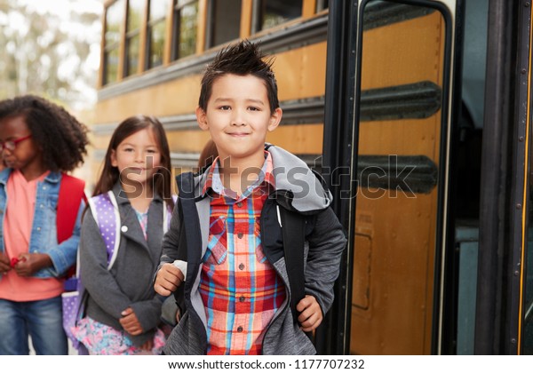 Elementary School Kids Queueing School Bus Stock Photo 1177707232 ...