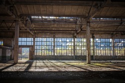 Abandoned empty old factory workshop containing factory, industrial ...