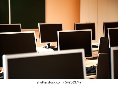 Empty Computer Classroom Many Computer Workstations Stock Photo ...