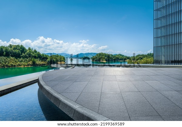 Empty Square Platform Green Mountain Lake Stock Photo 2199369589 ...