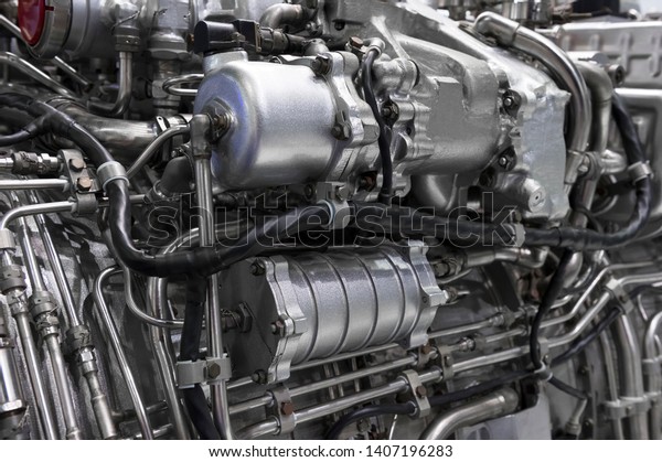 Engine of fighter jet, internal structure with hydraulic, fuel pipes ...