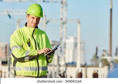 Engineer Builder Laptop Computer Construction Site Stock Photo ...