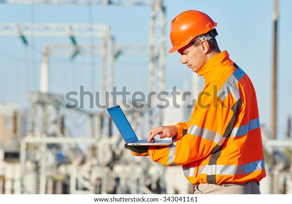 Engineer Builder Laptop Computer Construction Site Stock Photo (Edit ...