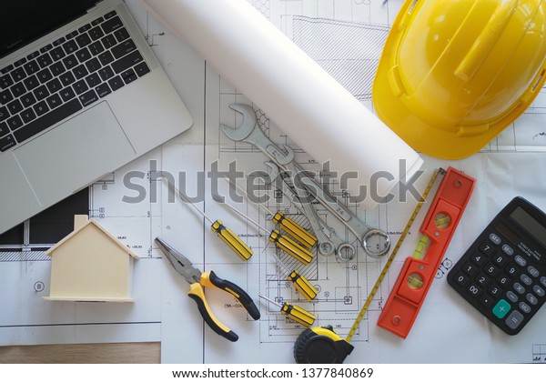 Engineer Contractors Desk Stock Photo (Edit Now) 1377840869