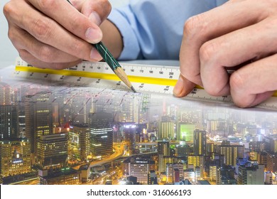 Engineer Measuring Distance Drawing Using Pencil Stock Photo (Edit Now ...