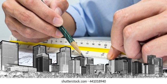Engineer Measuring Distance Drawing Using Pencil Stock Photo (Edit Now ...