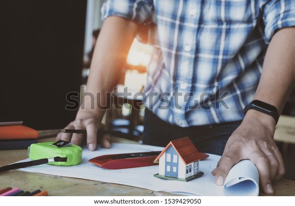 Engineer Planning Drawing House Structure On Stock Photo 1539429050 ...