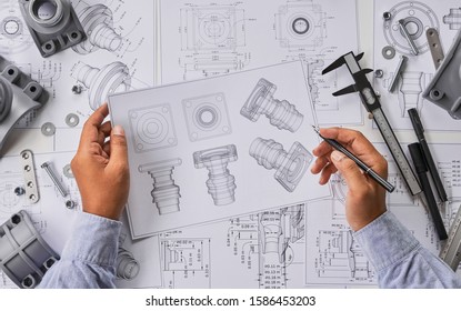 Engineer Technician Designing Drawings Engineering Engine Stock Photo ...