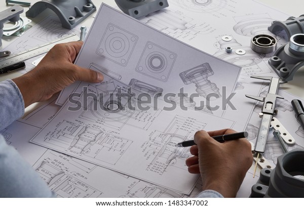 Engineer Technician Designing Drawings Engineering Engine Stock Photo ...