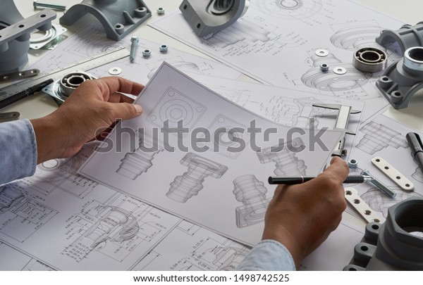 Engineer Technician Designing Drawings Engineering Engine Stock Photo ...