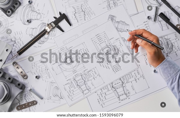 Engineer Technician Designing Drawings Engineering Engine Stock Photo ...
