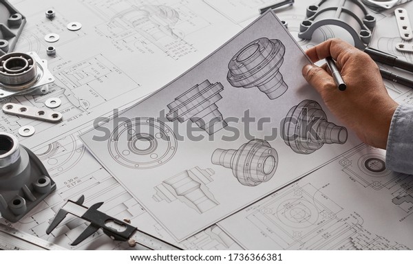 Engineer Technician Designing Drawings Engineering Engine ภาพสต็อก ...