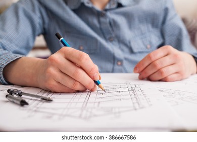 Engineer Work Technical Drawings Closeup Stock Photo 386667586 ...
