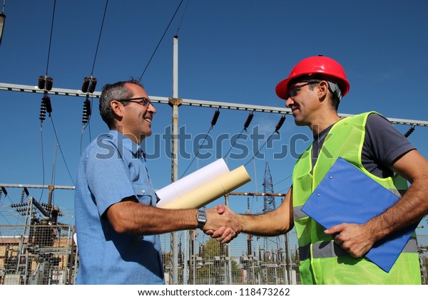 Engineer Worker Electrical Substation Smiling Workers Stock Photo ...