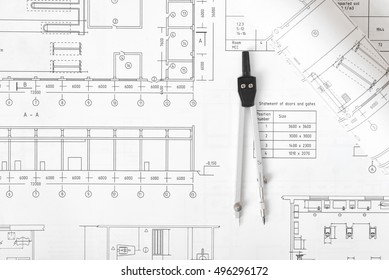 Engineering Compass On Building Plan Workplace Stock Photo 496296172 ...
