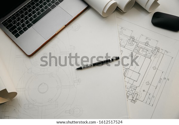 Engineering Drawings Protractor Notebook Term Paper Stock Photo ...