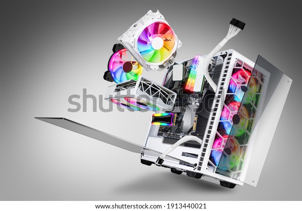 exploded view of white gaming pc computer with glass windows and ...