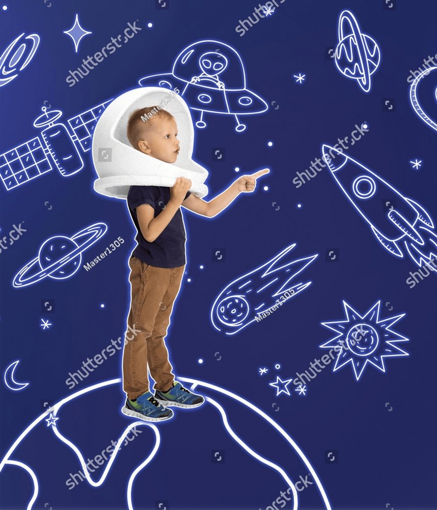 Exploring space. Creative artwork with little boy in huge white ...