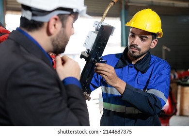 Factory Worker Engineer Checking Fixing Machine Stock Photo 2144687375 ...