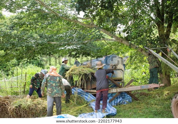 Farmer Doing Mechanical Threshing Method Working Stock Photo 2202177943 ...