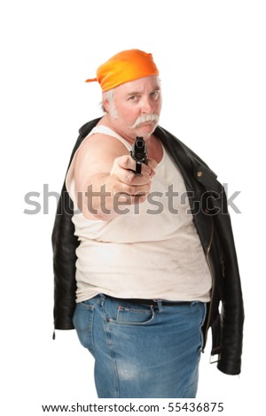 Fat Guy Leather Jacket Aimed Pistol Stock Photo (Edit Now) 55436875 ...