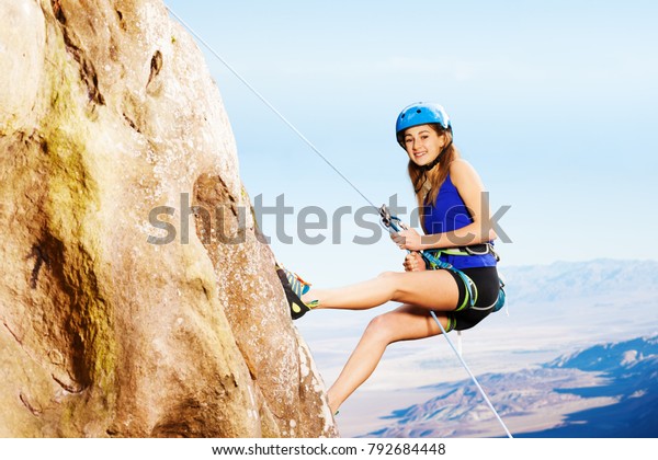 Female Climber Using Abseil Method Roping Stock Photo 792684448 ...