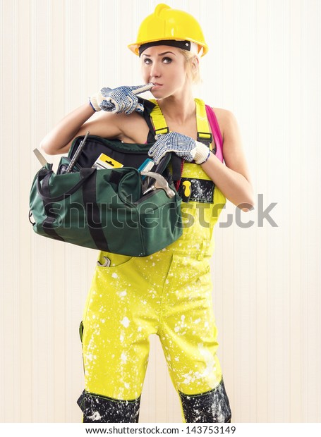 Female Construction Worker Tool Bag Indoors Stock Photo 143753149 ...