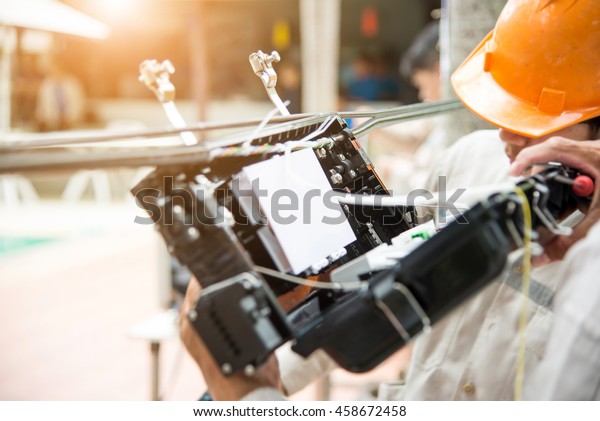 Fiber Optic Technicians Install Cabinet On Stock Photo 458672458 ...