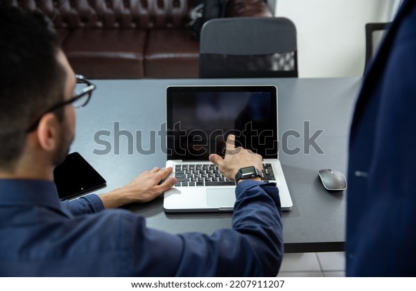 Finger Pointing Computer Screen Man Blurred Stock Photo 2207911207 ...