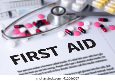 First Aid Background Medicaments Composition Stethoscope Stock Photo ...