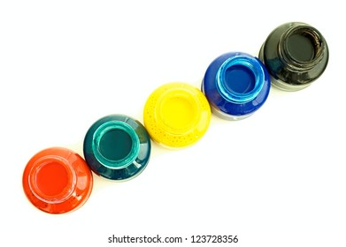 Five Differentcolored Inkfilled Bottles Standing Foto de stock ...