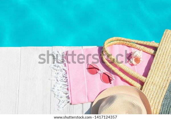 Flat Lay Composition Beach Accessories On Stock Photo 1417124357 ...