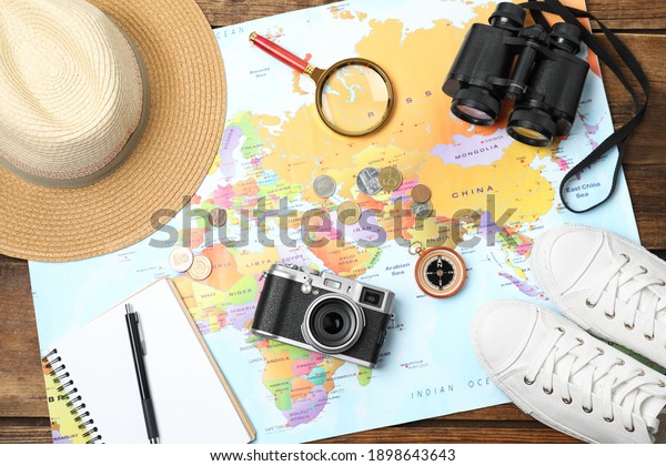 Flat Lay Composition World Map Different Stock Photo 1898643643 ...