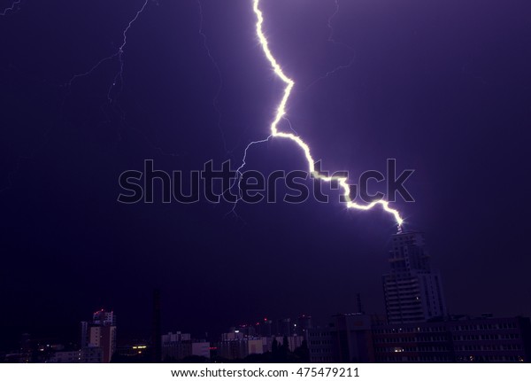 Fork Lightning Striking Down During Summer Stock Photo 475479211 ...