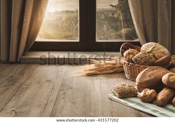 Fresh Bread On Kitchen Table Front Stock Photo (Edit Now) 431577202