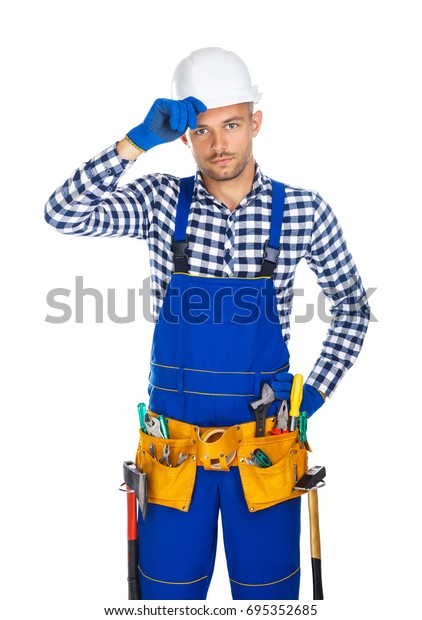 Friendly Smiling Construction Worker Saluting Isolated Stock Photo ...