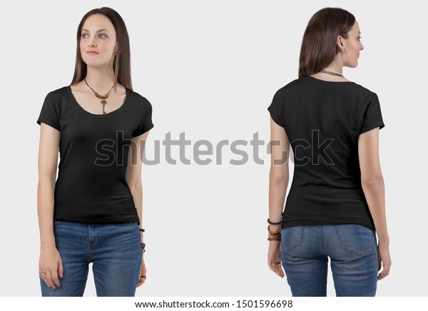 Front and back view side of standing female model wearing plan black ...