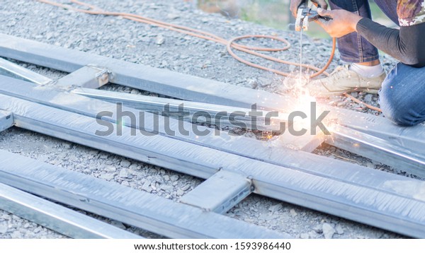 Front View Construction Workers Welding Steel Stock Photo 1593986440 ...