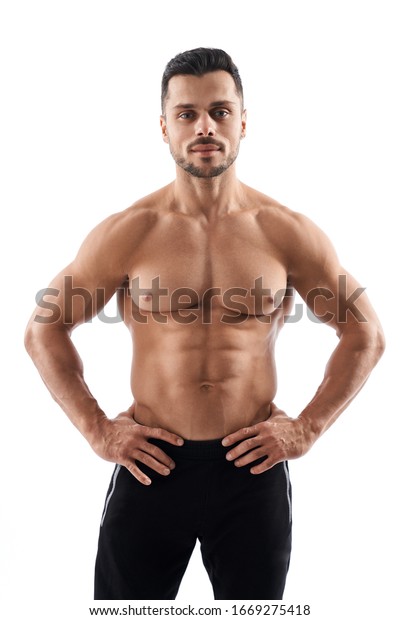 Front View Shirtless Bodybuilder Posing Hands Stock Photo 1669275418 ...