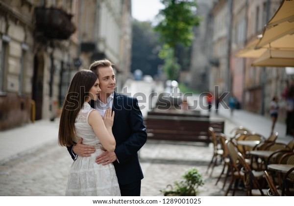 Full Length Side View Couple Embracing Stock Photo 1289001025 ...
