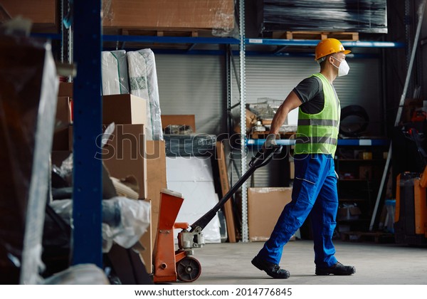 Full Length Worker Pulling Pallet Jack Stock Photo 2014776845 ...