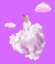 Conceptual collage with little beautiful girl sitting on white cloud ...